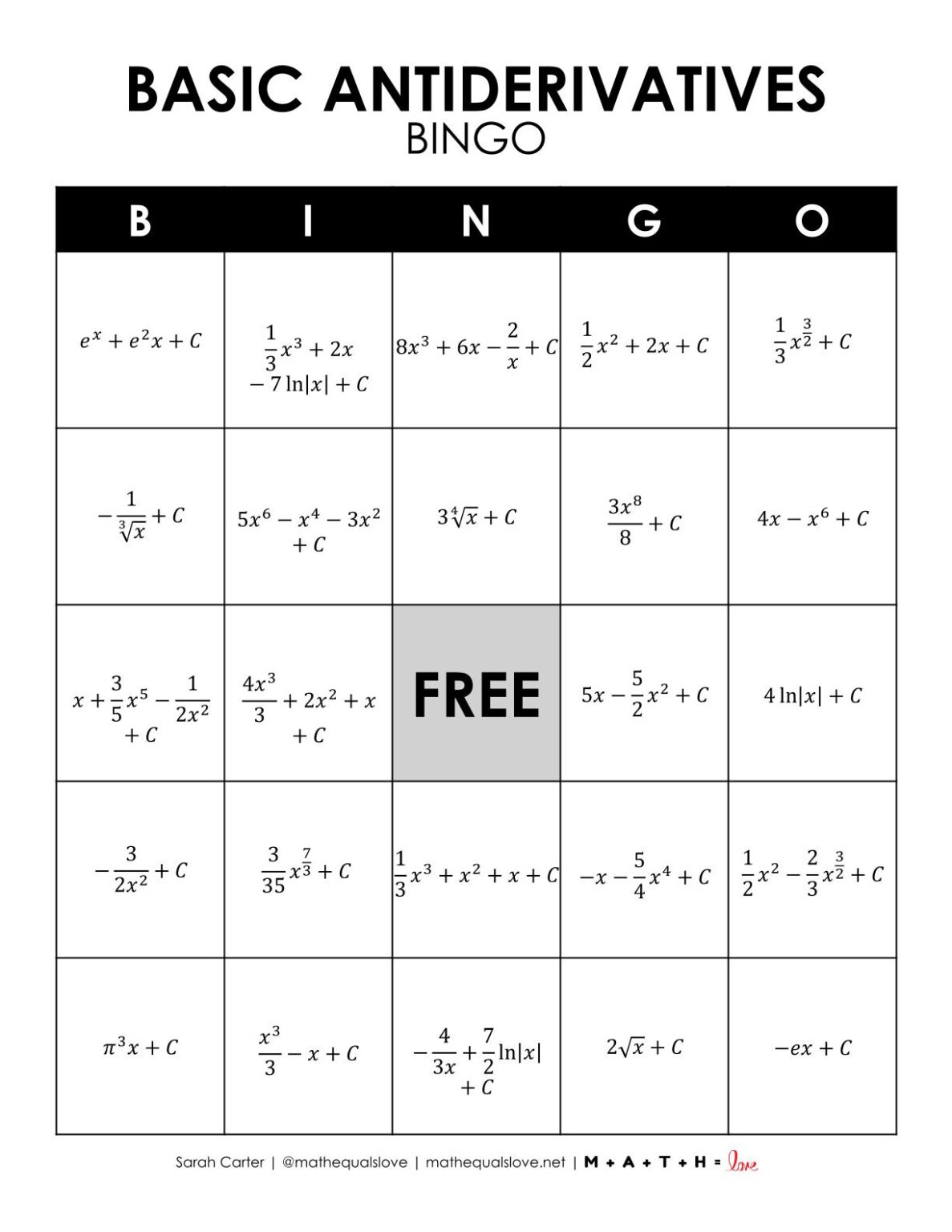 Calculus Antiderivatives Bingo | Math = Love
