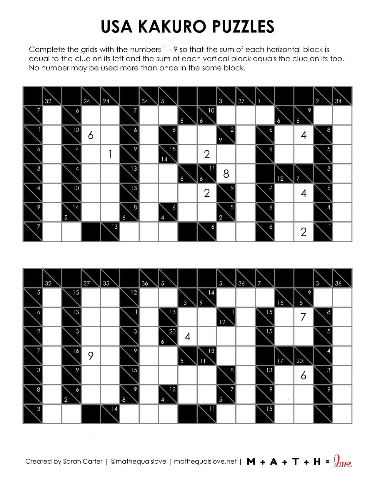 USA Kakuro Puzzles | Math = Love