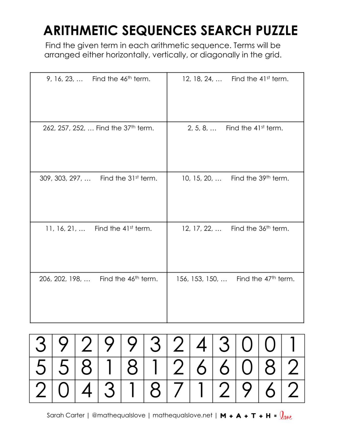 Arithmetic Sequences Search Puzzle Worksheet | Math = Love