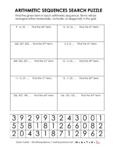 Arithmetic Sequences Search Puzzle Worksheet | Math = Love