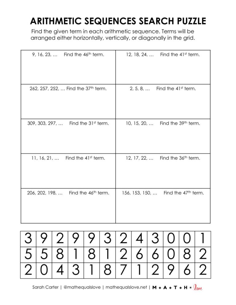 Arithmetic Sequences Search Puzzle Worksheet | Math = Love