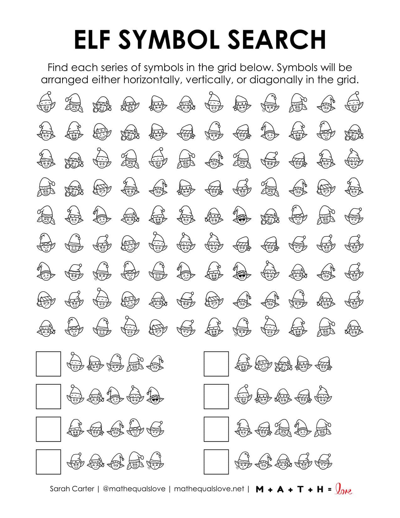 Elf Symbol Search Puzzle for Christmas | Math = Love