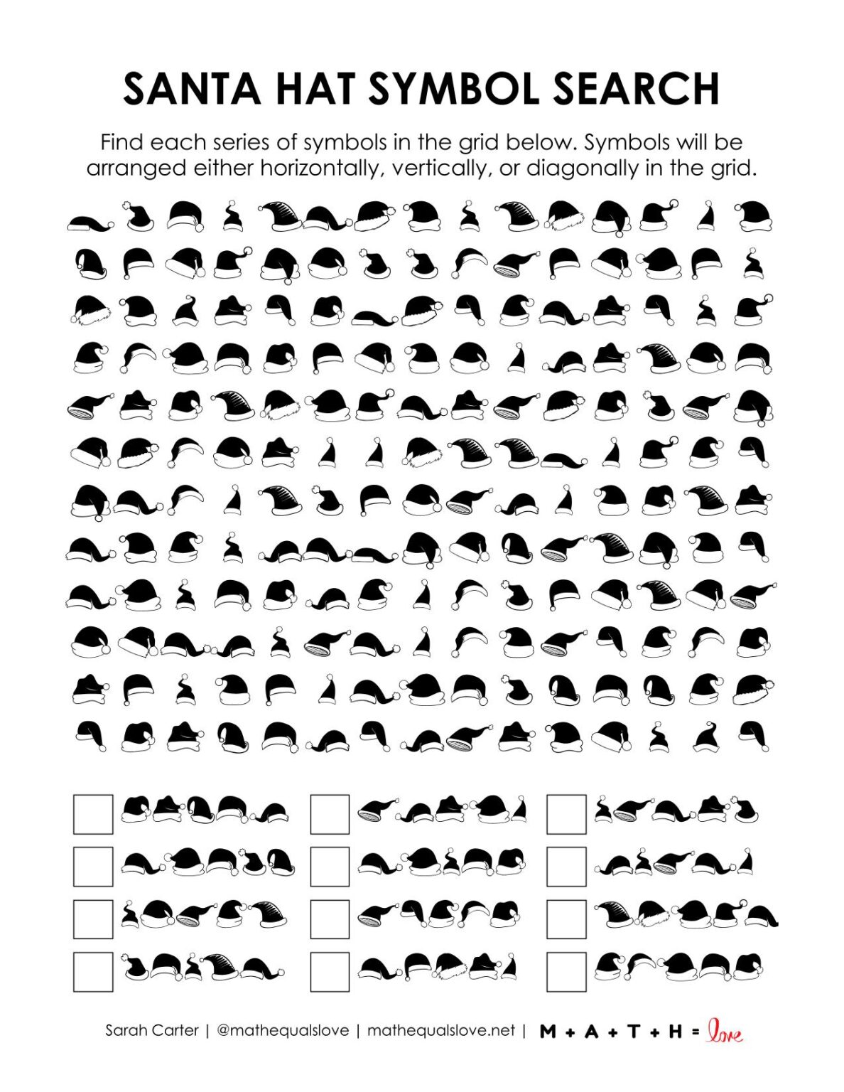 Santa Hat Symbol Search Puzzle for Christmas | Math = Love