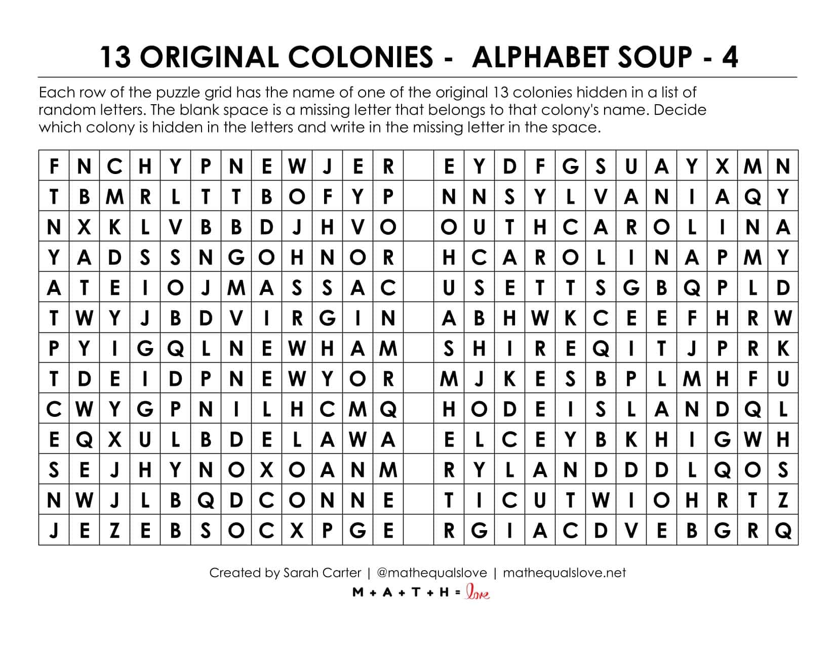13 Colonies Alphabet Soup Puzzle Worksheet | Math = Love