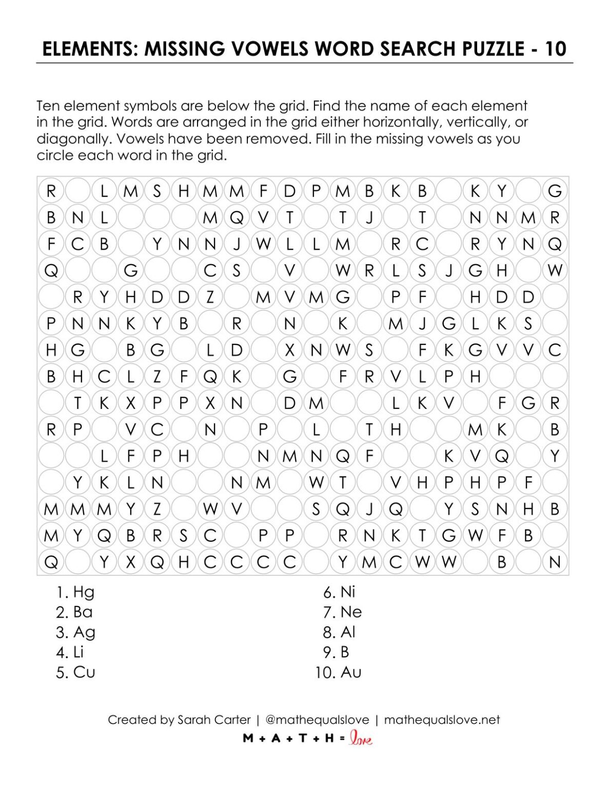 Elements Missing Vowels Word Search Puzzle | Math = Love