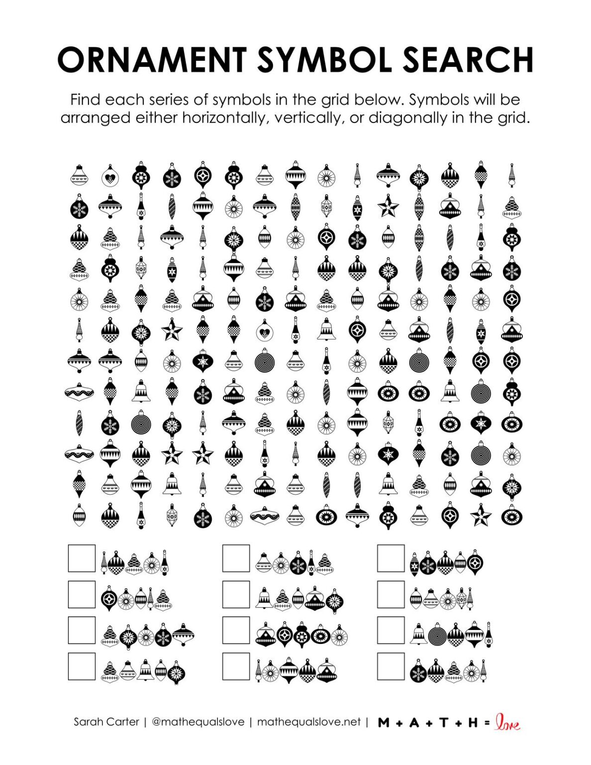 Ornament Symbol Search Puzzle | Math = Love