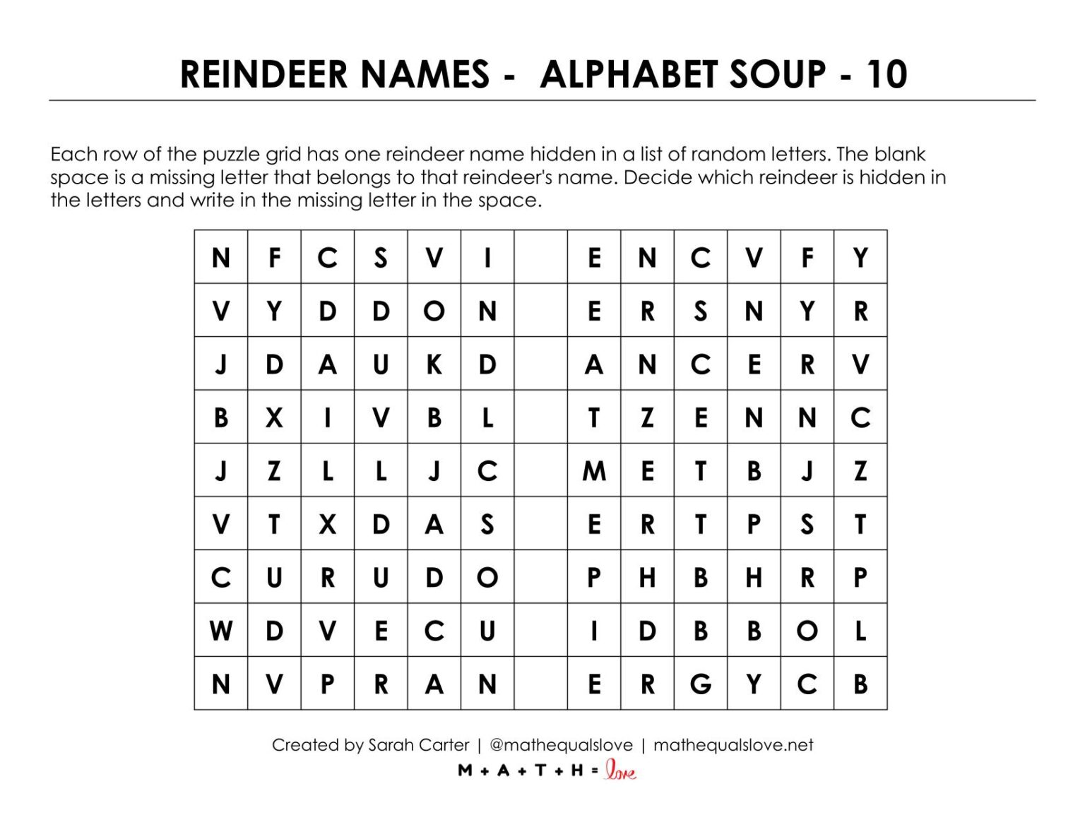 Reindeer Names Alphabet Soup Puzzle Worksheet | Math = Love