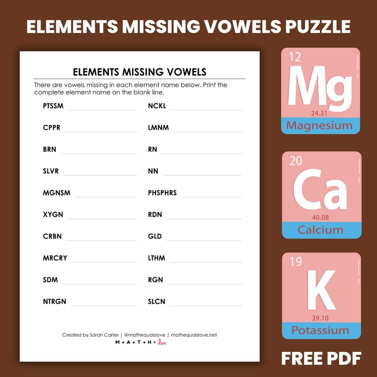 Elements Missing Vowels Puzzle Worksheet | Math = Love