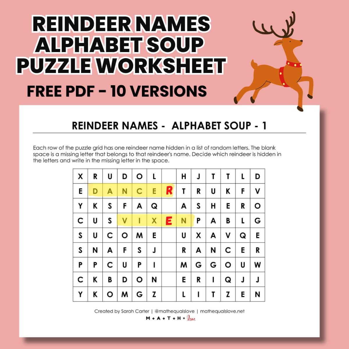 Reindeer Names Alphabet Soup Puzzle Worksheet | Math = Love