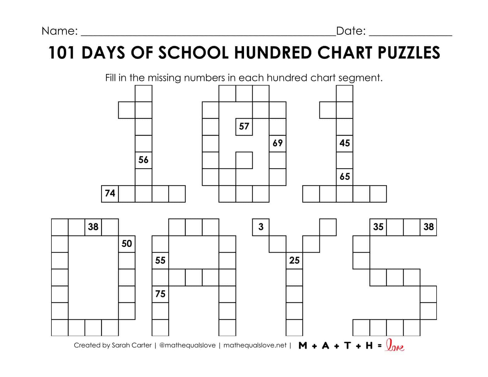 101 Days of School Hundred Chart Puzzle Worksheet | Math = Love