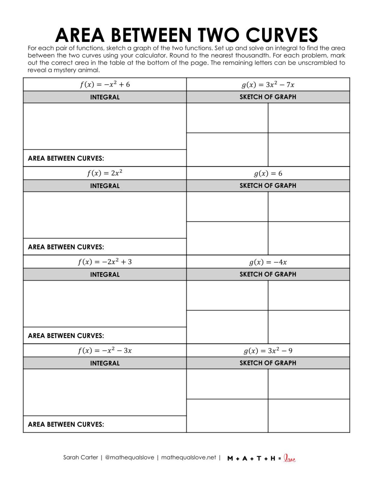 Area Between Two Curves Mystery Animal Worksheet | Math = Love