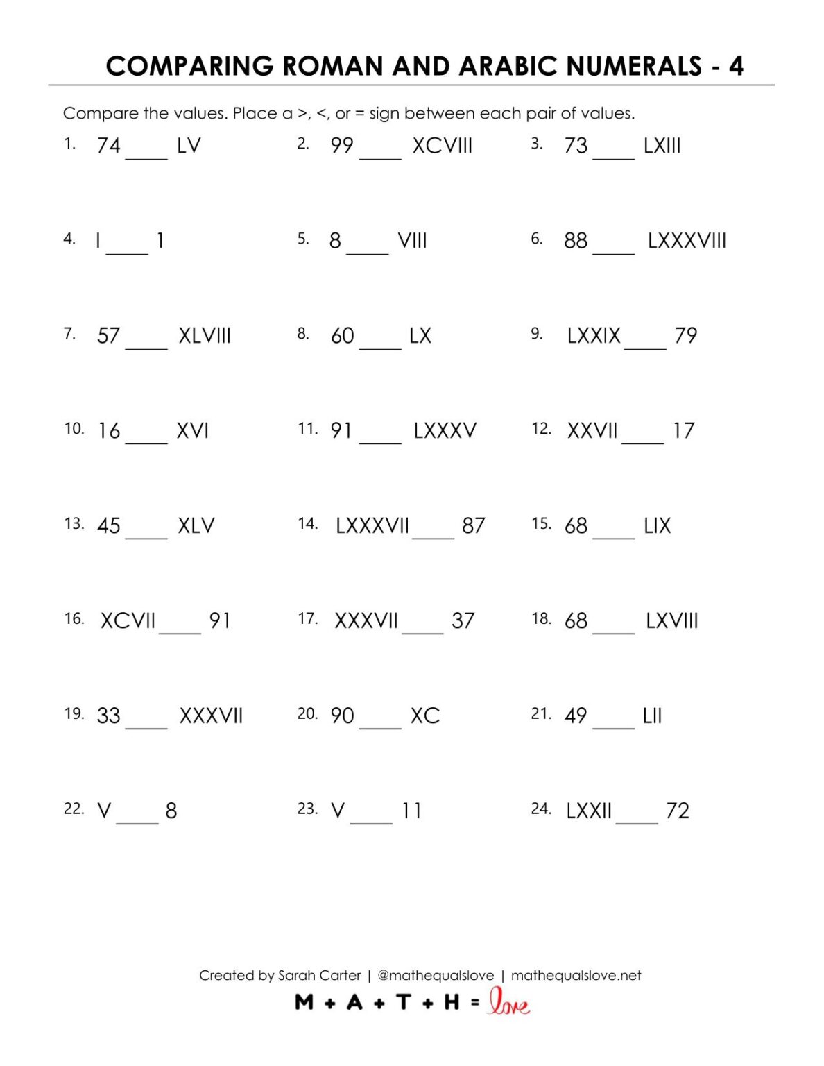 Comparing Roman and Arabic Numerals Worksheets | Math = Love