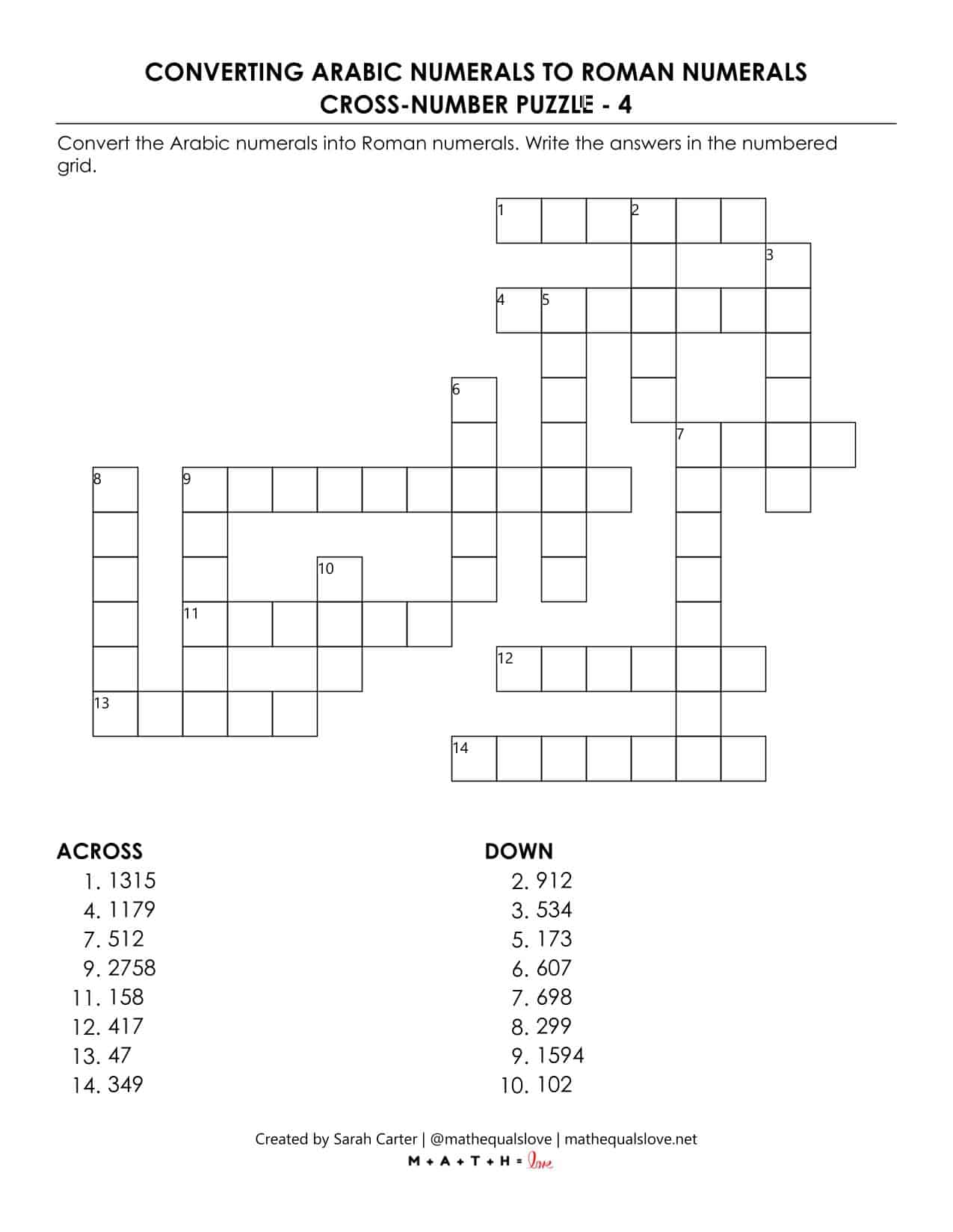 Converting Arabic to Roman Numerals Crossnumber Puzzle | Math = Love