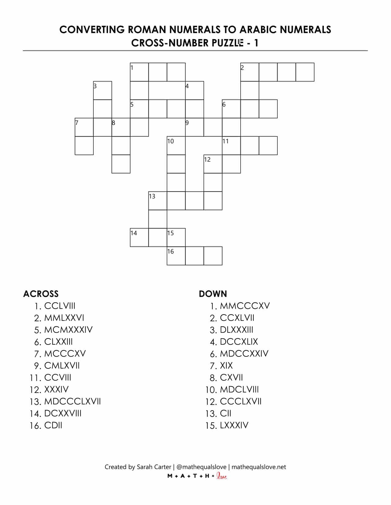 Converting Roman to Arabic Numerals Crossnumber Puzzles | Math = Love