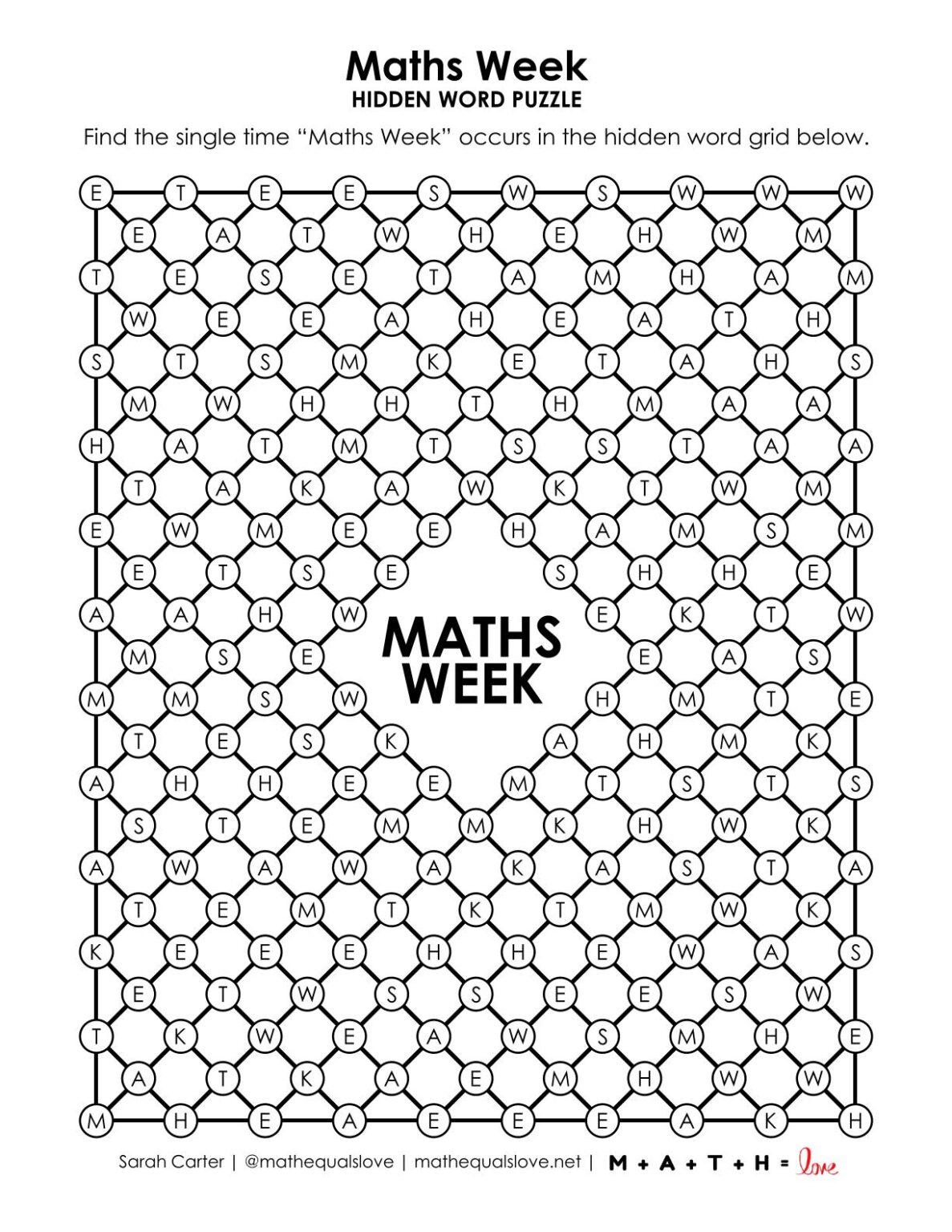 Maths Week Hidden Word Puzzle | Math = Love