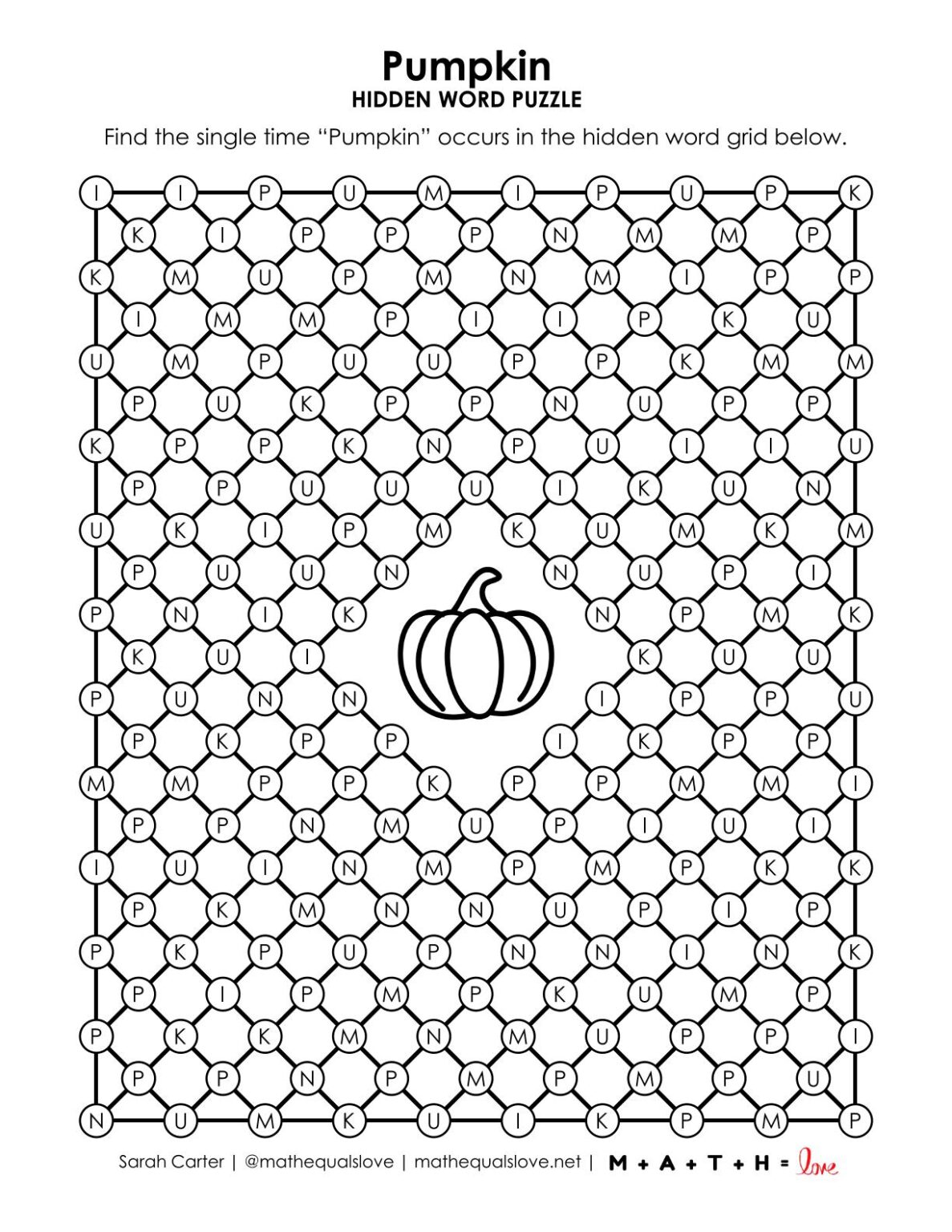 Pumpkin Hidden Word Puzzle | Math = Love
