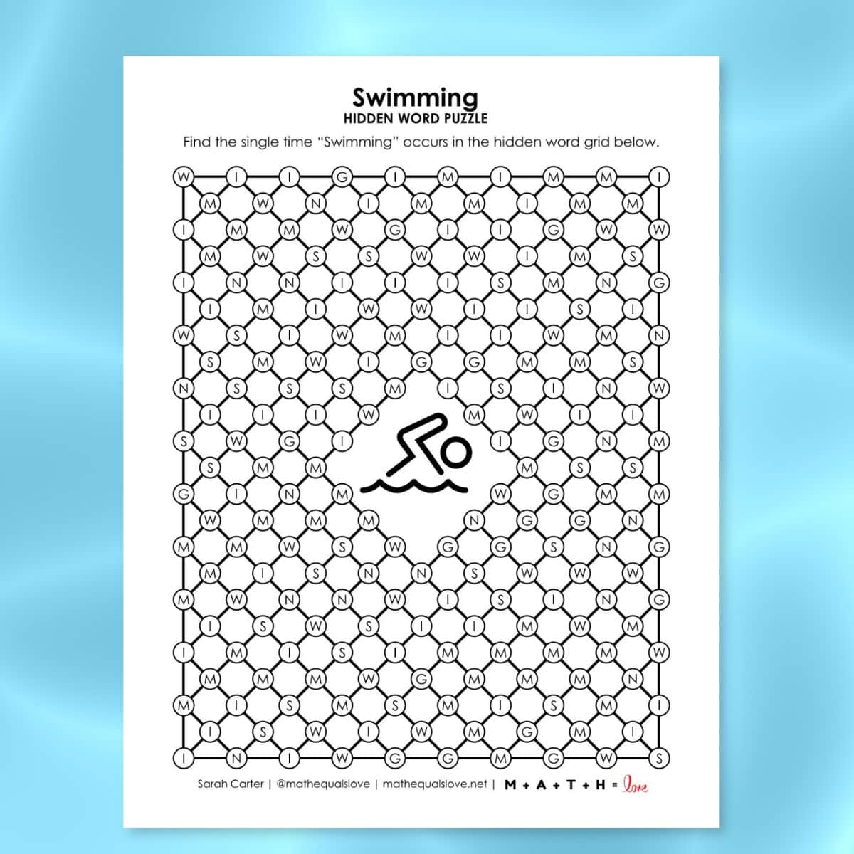 Swimming Hidden Word Puzzle | Math = Love