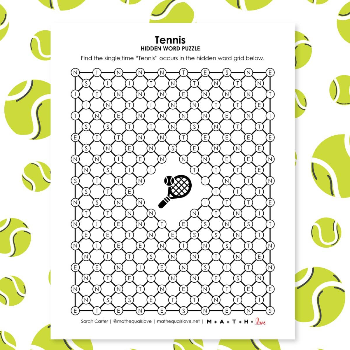 Tennis Hidden Word Puzzle | Math = Love