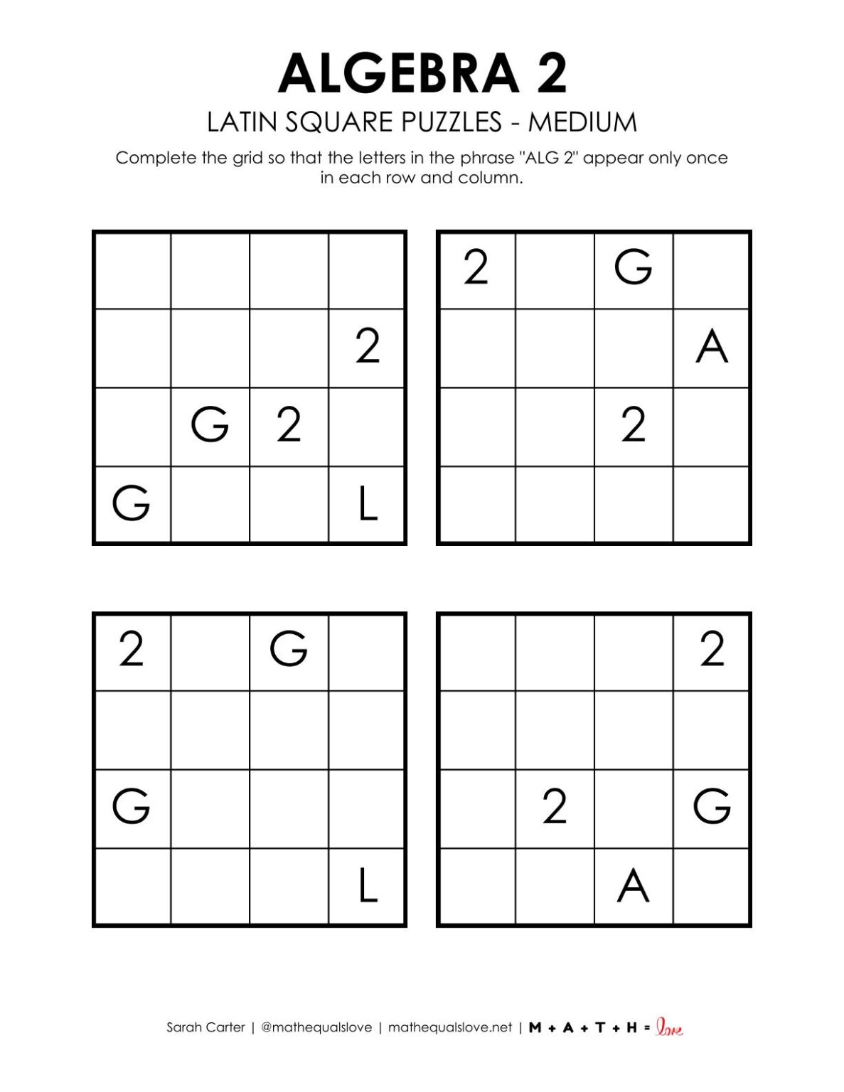 Algebra 2 Latin Square Puzzles | Math = Love